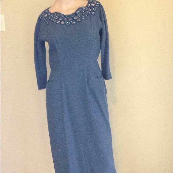 Vintage | Dresses | Vintage Blue Wool Dress With Hand Beaded Collar ...